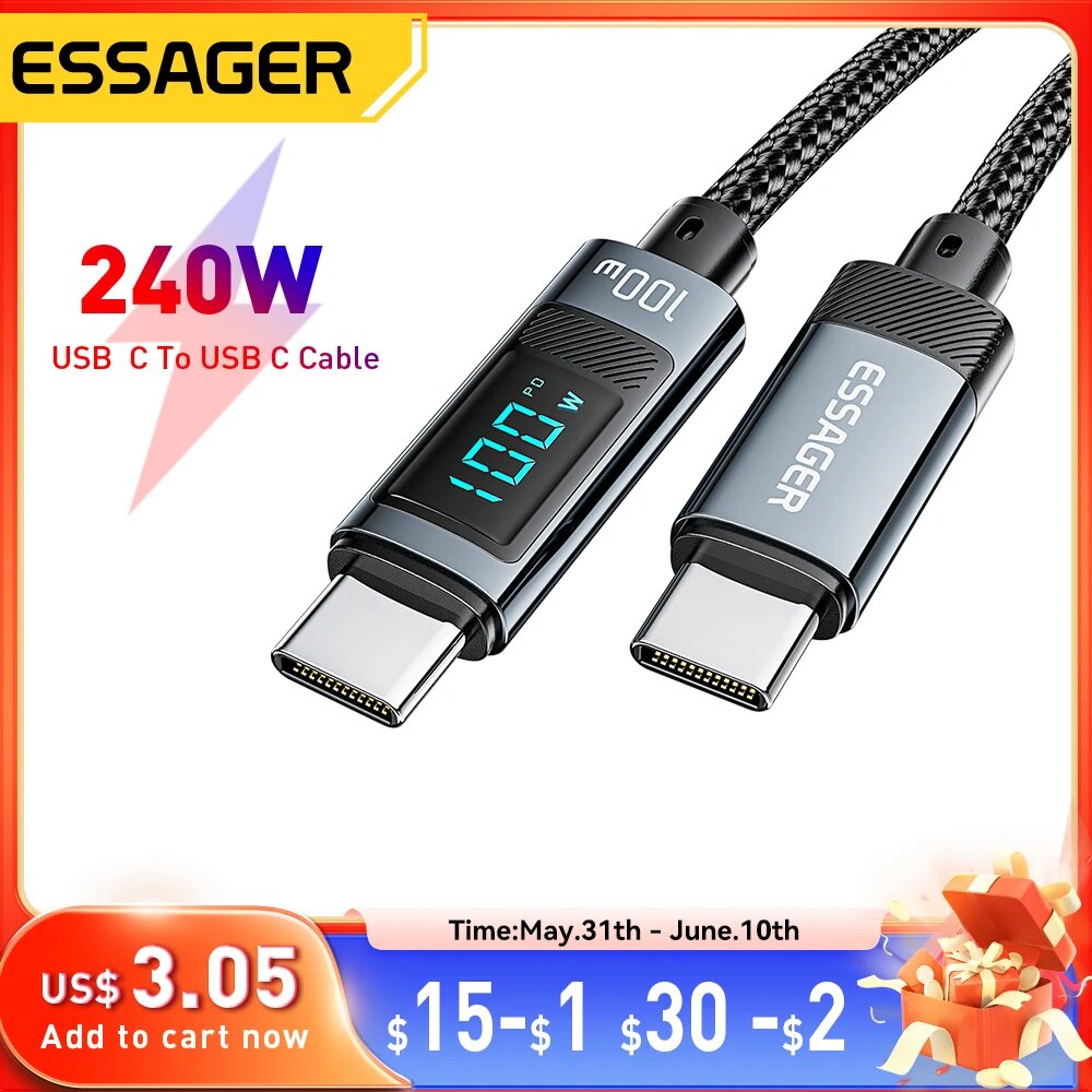 Essager 240 Вт кабель USB Type C - USB C 2M, 100 Вт PD 3.1