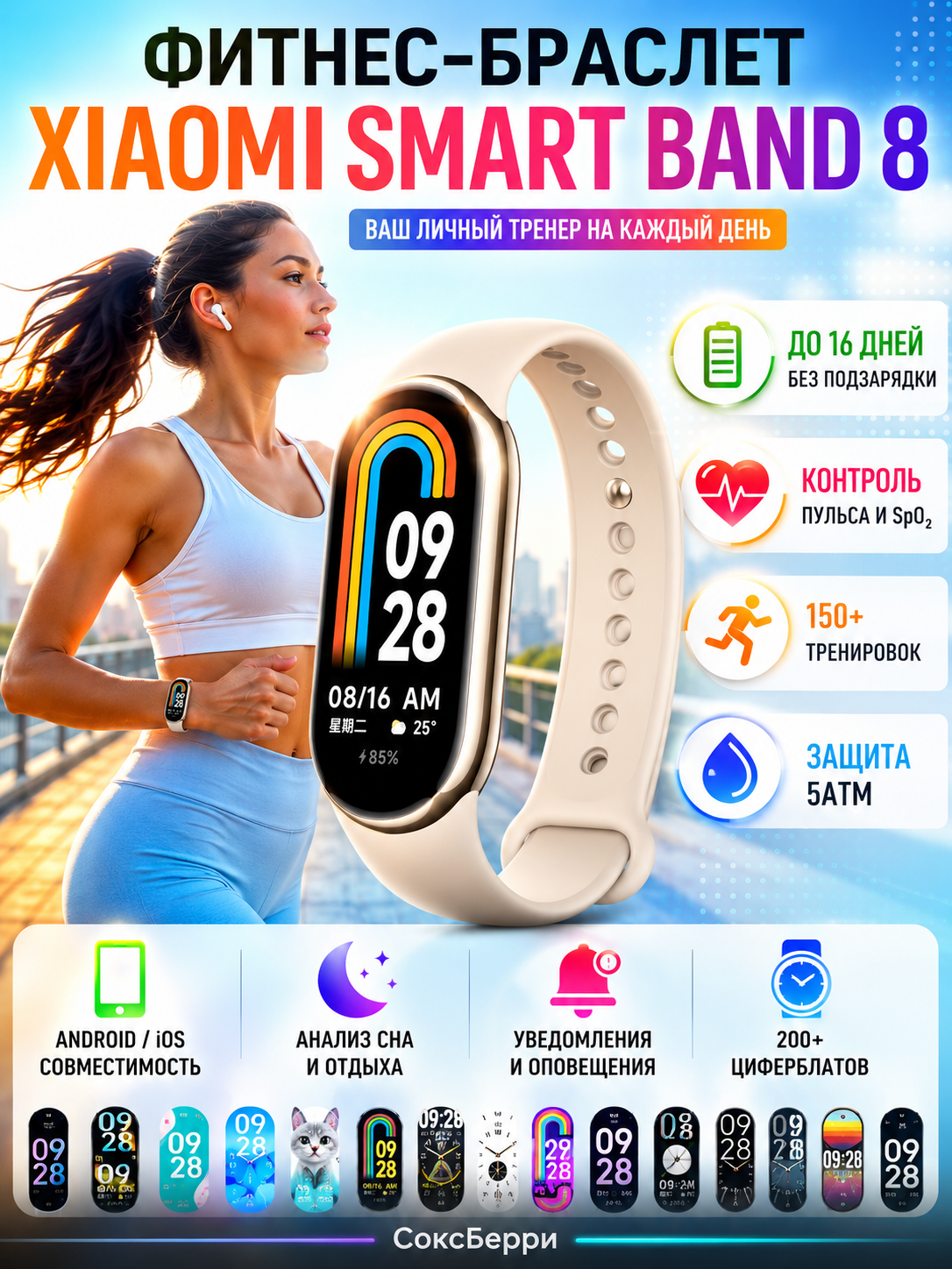 Фитнес-браслет Xiaomi Mijia Band 8, мониторинг, влагозащита, экран, золото