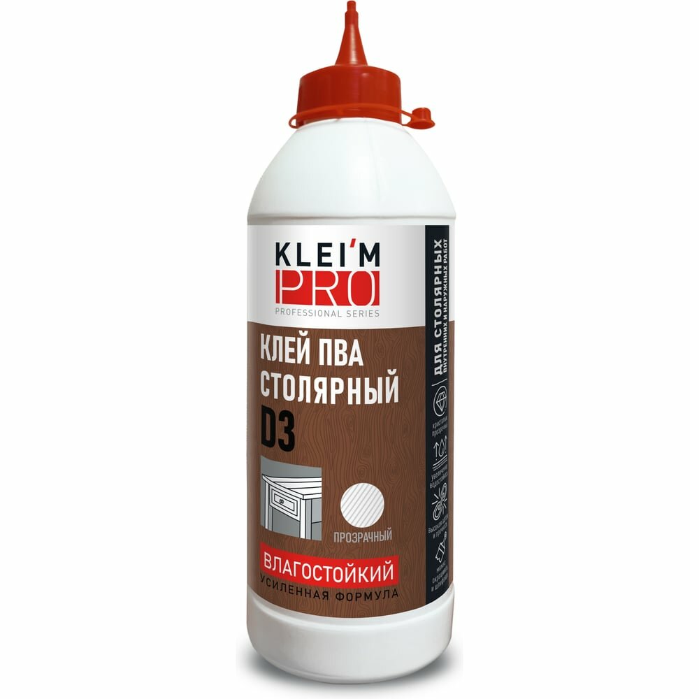 Клей KleimPro KLEI`MPRO ПВА D3, столярный влагостойкий прозрачный, бутыль, 850 г, 5001