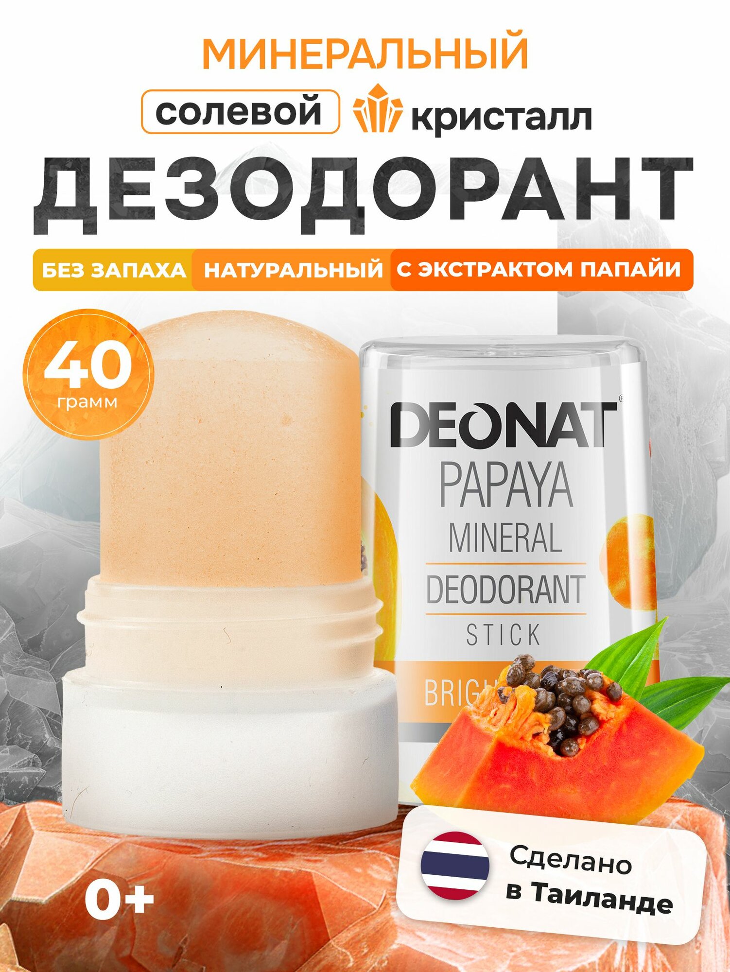 Минеральный натуральный солевой дезодорант кристалл квасцы от запаха пота мужской и женский с экстрактом папайи