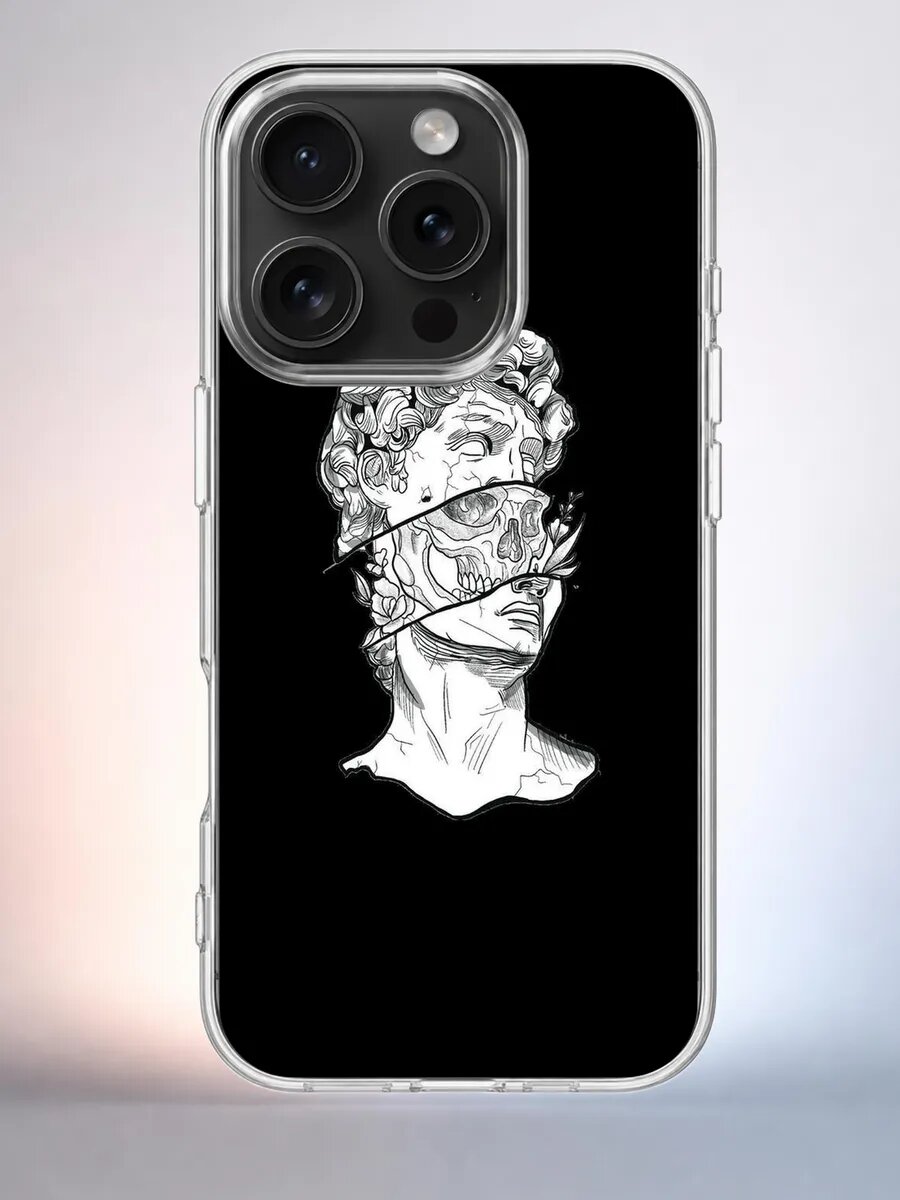 Чехол iPhone 15 Pro давид и череп силиконовый прозрачный