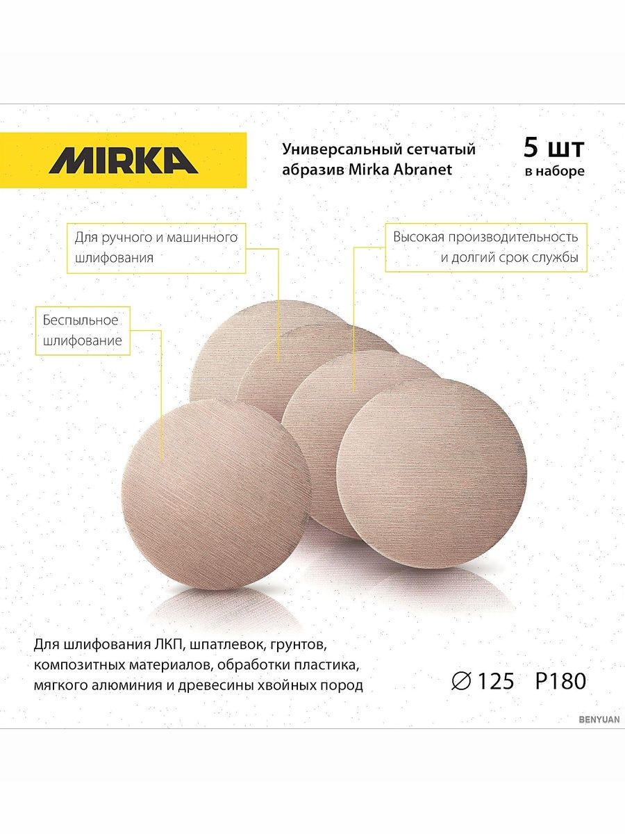 Mirka Abranet абразивный диск 125 мм, сетка для сухой шлифовки, зернистость P180, 5 шт, для авто и мебели