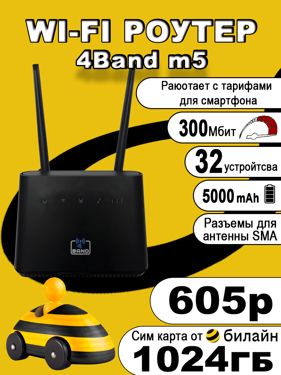 4G роутер wi-fi M5 с аккумулятором и сим картой 1024гб!