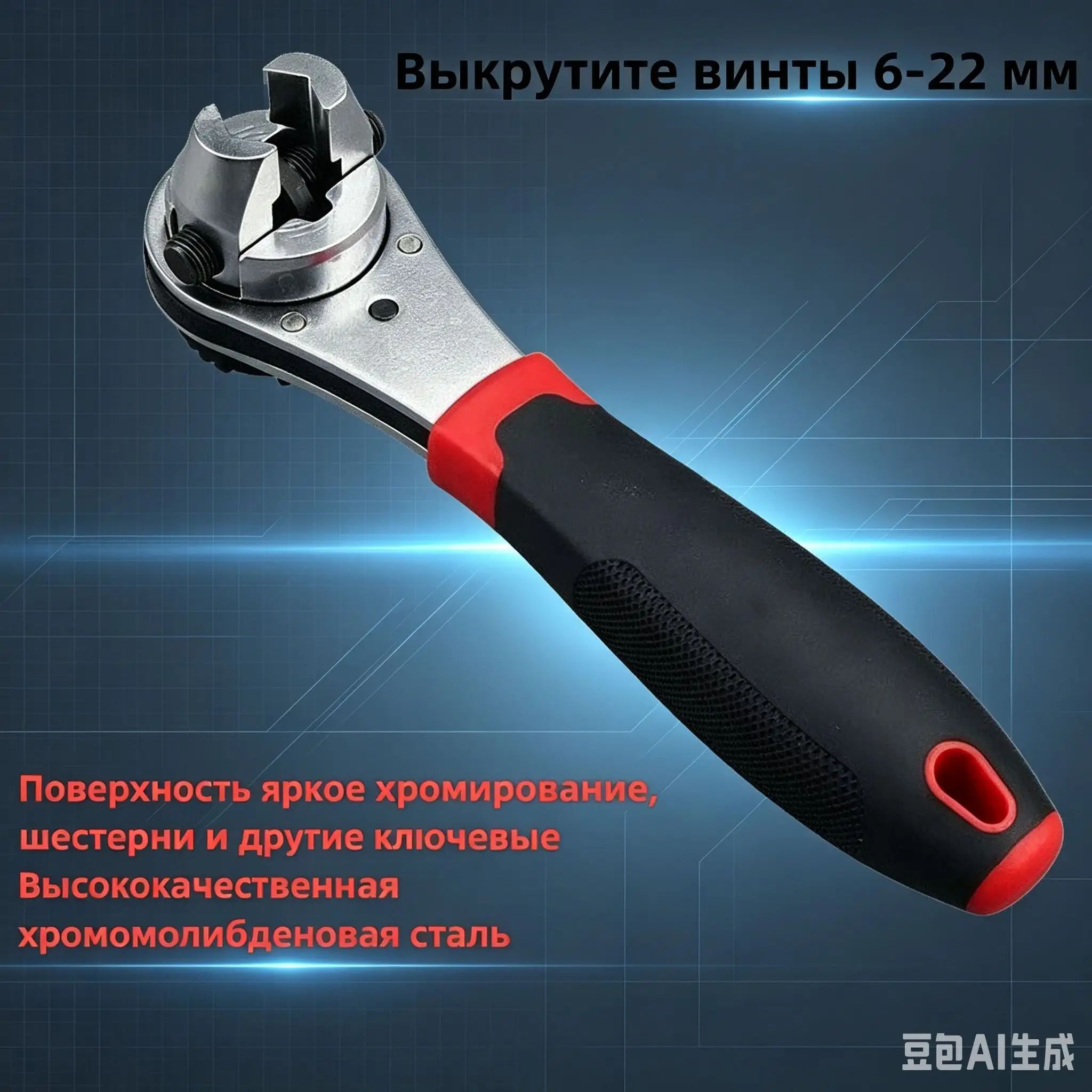 Универсальный гаечный ключ с трещоткой, с резиновой рукояткой, 6-22 мм