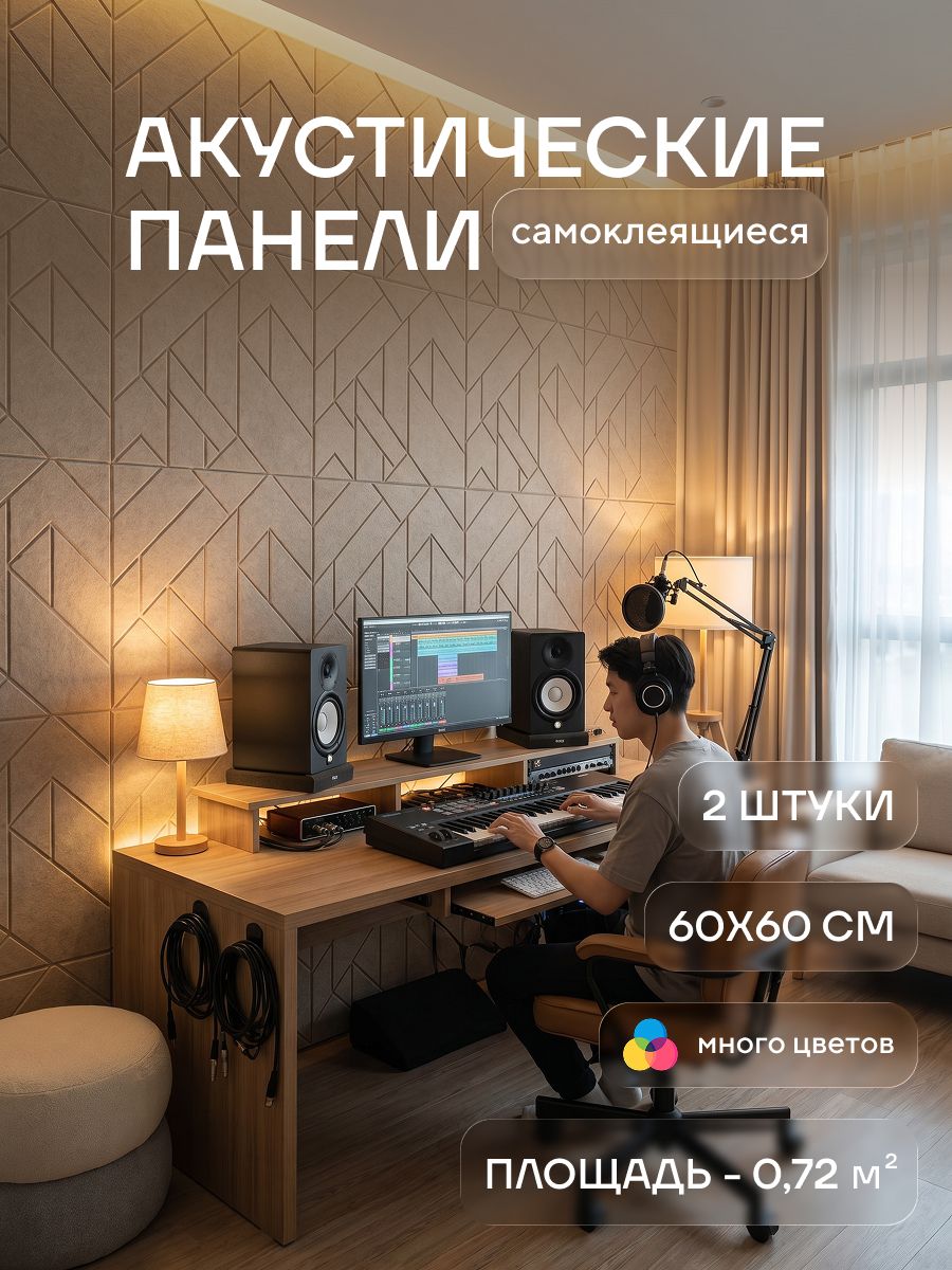 Акустические стеновые панели звукопоглощающие самоклеящиеся. Звукоизоляция для стен Hubox, 2 шт. Фрактал, бежевый