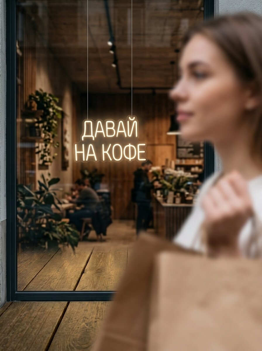 Неоновая вывеска "Давай на кофе" 52х30см, неоновая надпись, LED светильник для кофейни