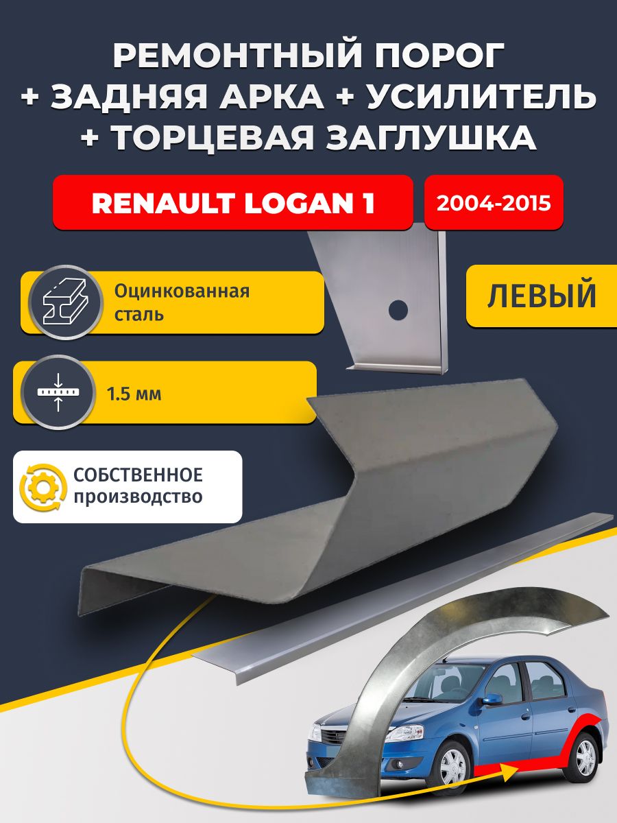 Левая ремонтная задняя арка (0,8 мм) и левый стандартный ремонтный порог + торцевая заглушка + усилитель, на Renault Logan 2004-2015 седан (Рено Логан 1). Оцинкованная сталь 1,5 мм