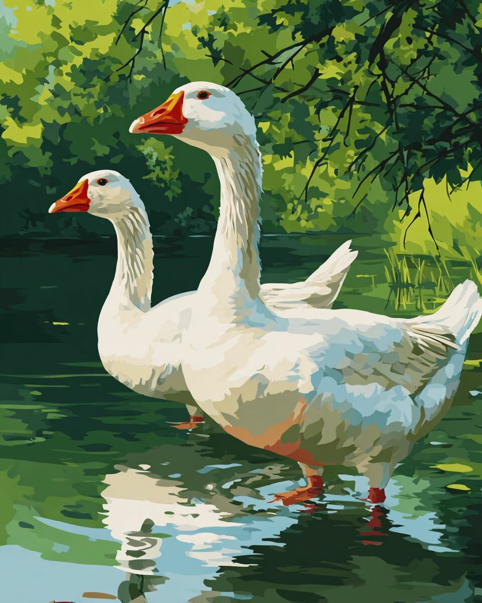 Картина по номерам 40*50 гуси, природа, река