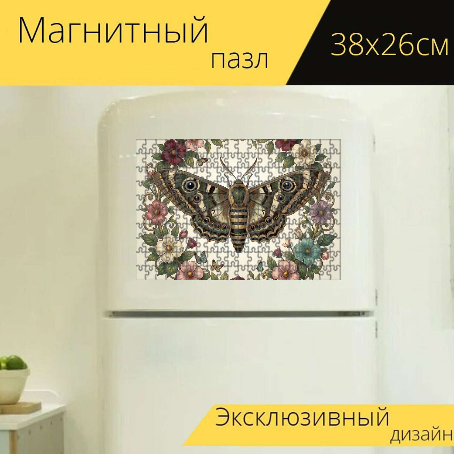 Магнитный пазл "Бабочка в цветочном венке. Винтажная иллюстрация с крупным мотыльком в центре, окружённым декоративной рамкой из пастельных бутонов, листвы." для интерьера, 38х26 см.