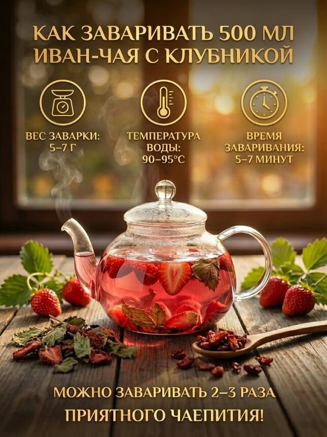 Чай Иван-чай ферментированный с клубникой, листовой натуральный травяной, с ягодами, в подарок, 100 г — фото 1