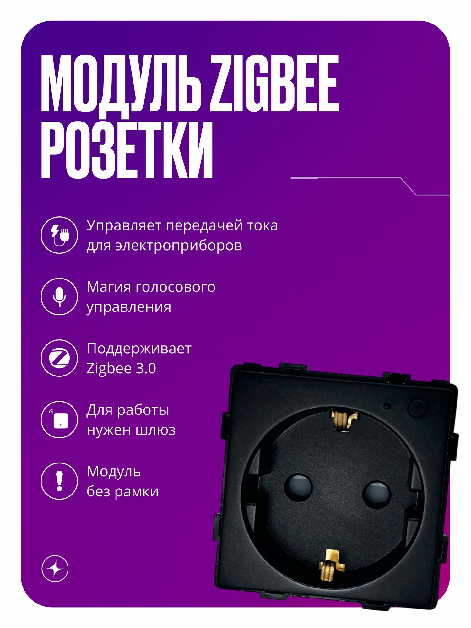 Умная розетка Zigbee, модуль без рамки, с заземлением и шторками, 16А, черная