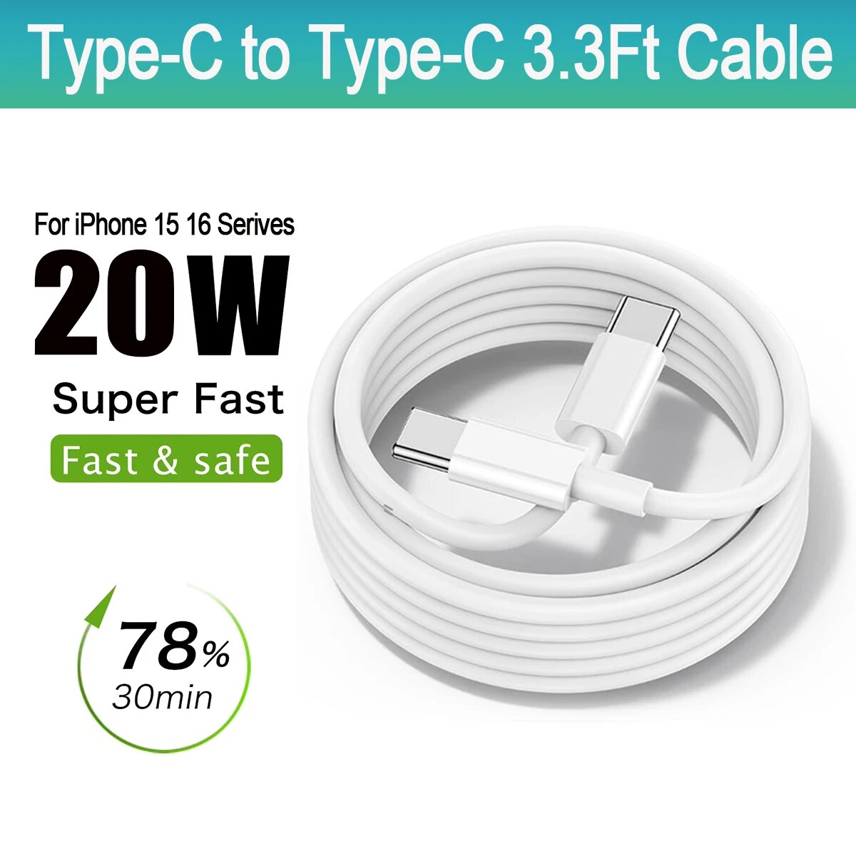 Кабель для быстрой зарядки USB C к Type-C, 20 Вт для iPhone 16 15 Pro Max Plus, iPad Samsung S24 S23 Ultra Xiaomi Huawei Data.