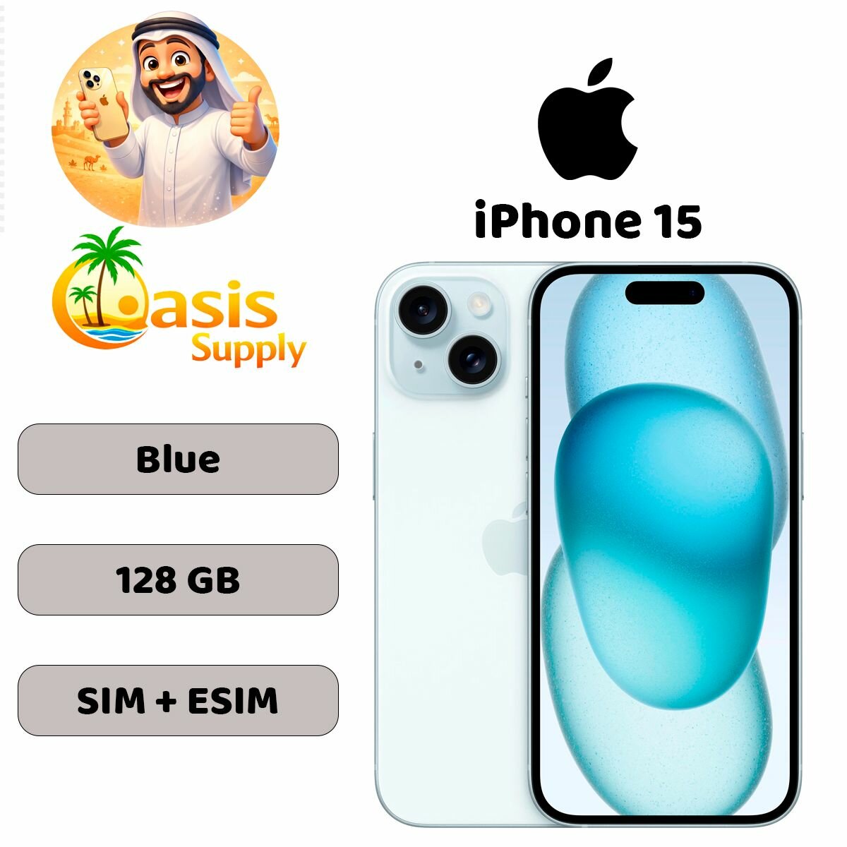 Смартфон Apple iPhone 15, 128 GB, Sim+Esim, голубой