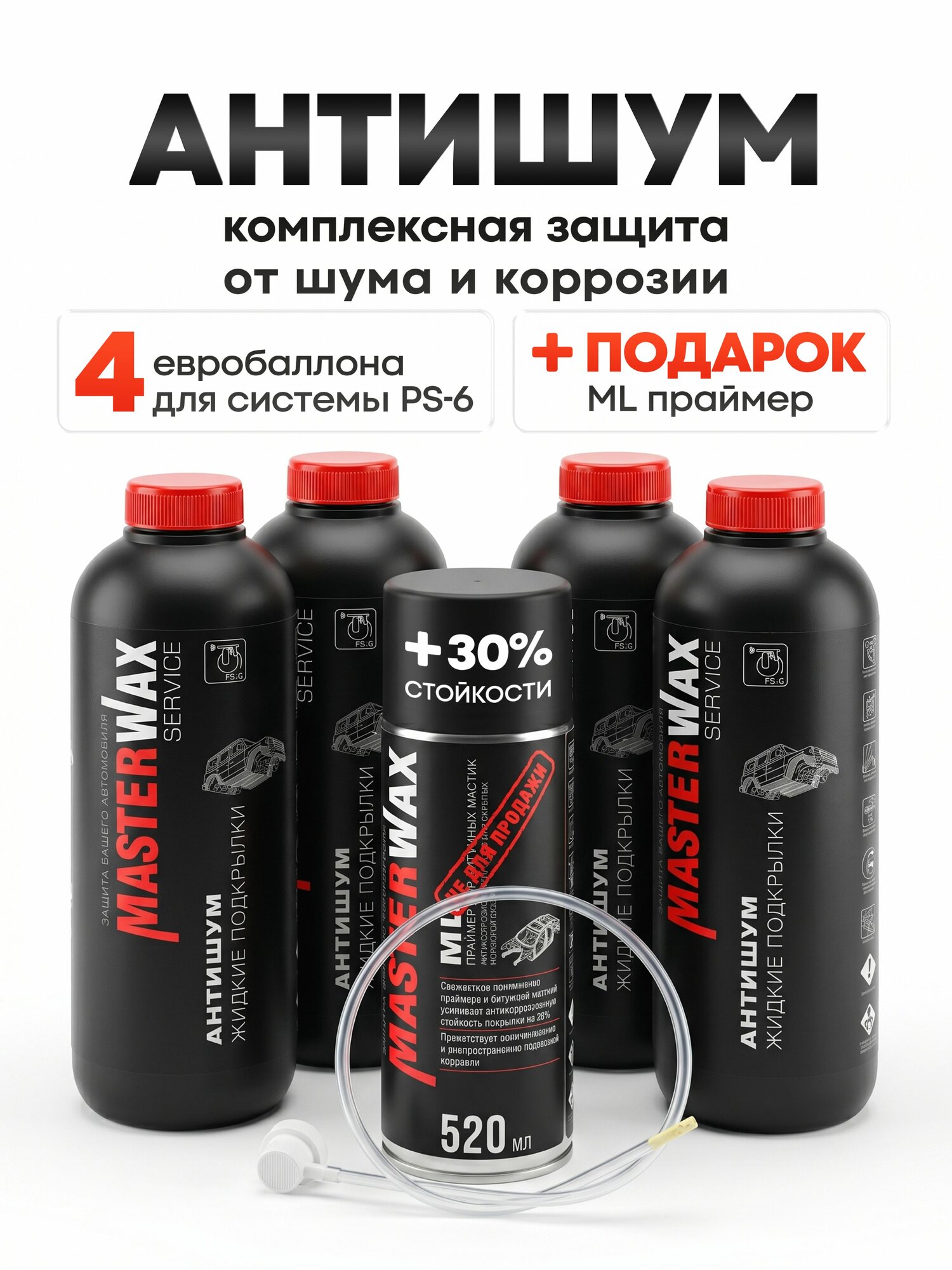 Антикоррозийное покрытие для авто / Мастика антишум Жидкие подкрылки (4 шт) + Праймер ML (520 мл), антикор для авто, мастика битумная для днища и скрытых полостей