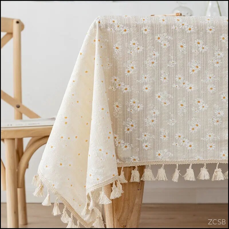Хлопковая скатерть Daisy корейского стиля, Golden Daisy Tassels, 140x140cm