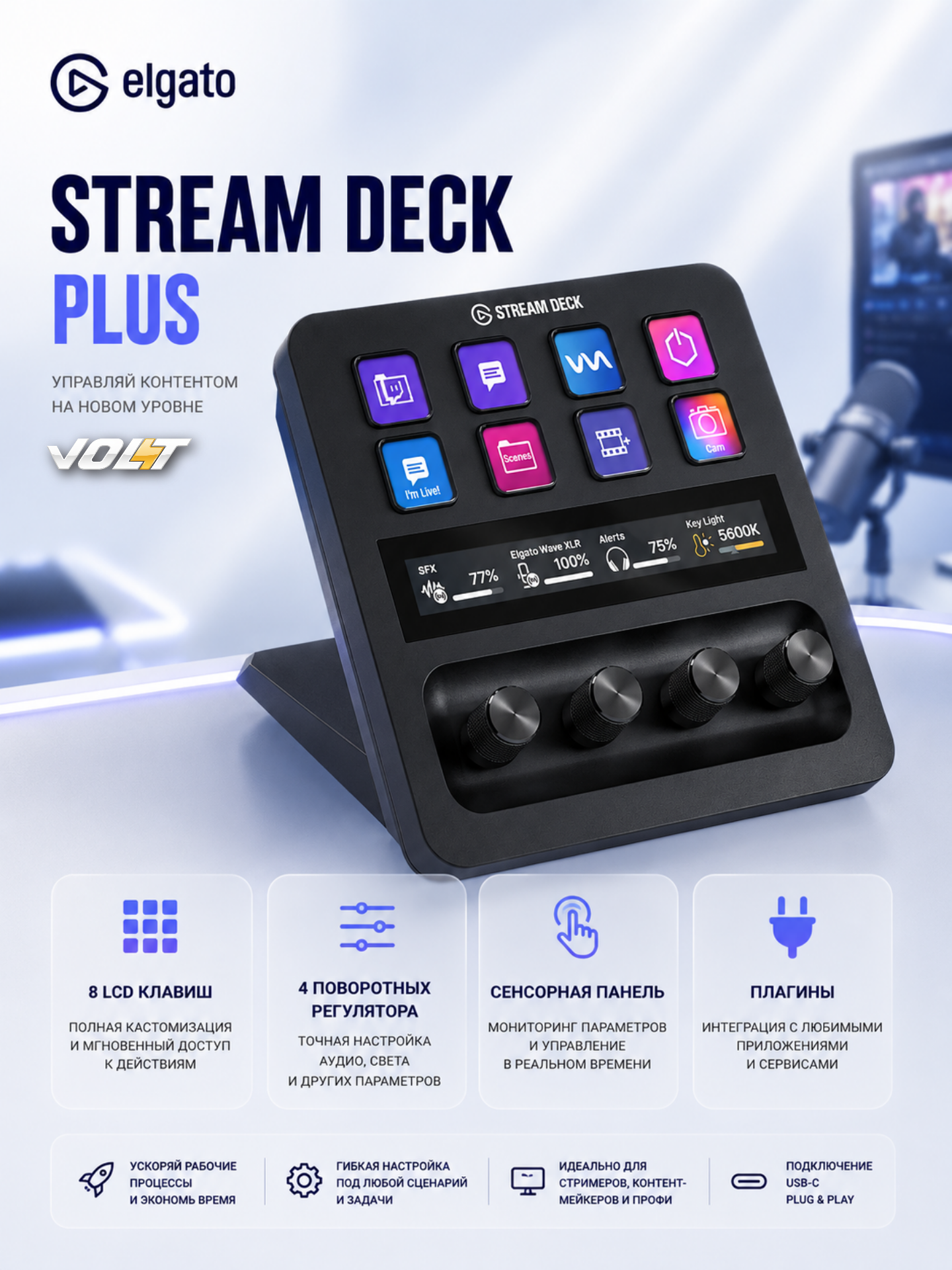 Контроллер для стриминга Elgato Stream Deck Plus (сенсорный ЖК-экран | 8 программируемых кнопок)