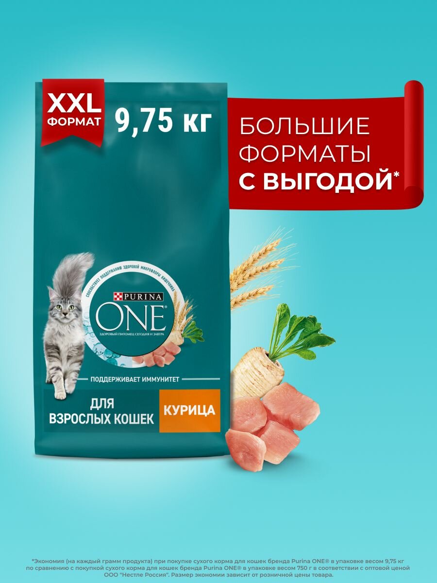 Сухой корм для кошек Purina ONE для взрослых, с курицей и цельными злаками, 9,75 кг