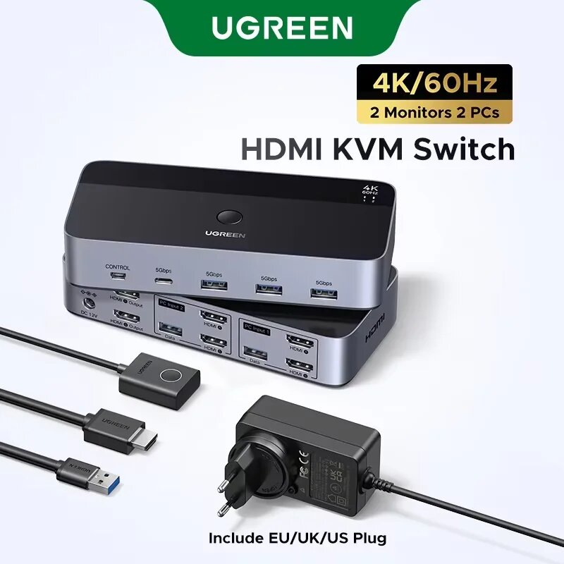 UGREEN HDMI KVM Switch 55455 для 2 мониторов 2 ПК
