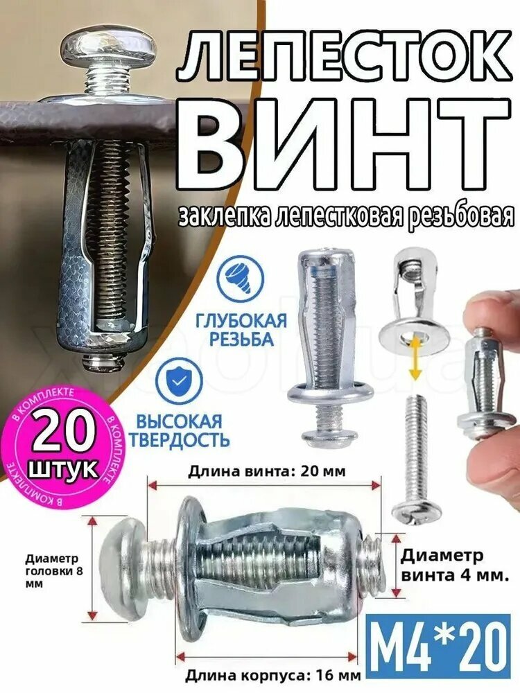 Винт 4 x 20 мм, головка: Цилиндрическая, 20 шт. 80 г