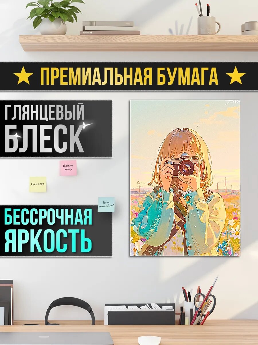 Плакат постер Девушка с камерой в поле — фото 1