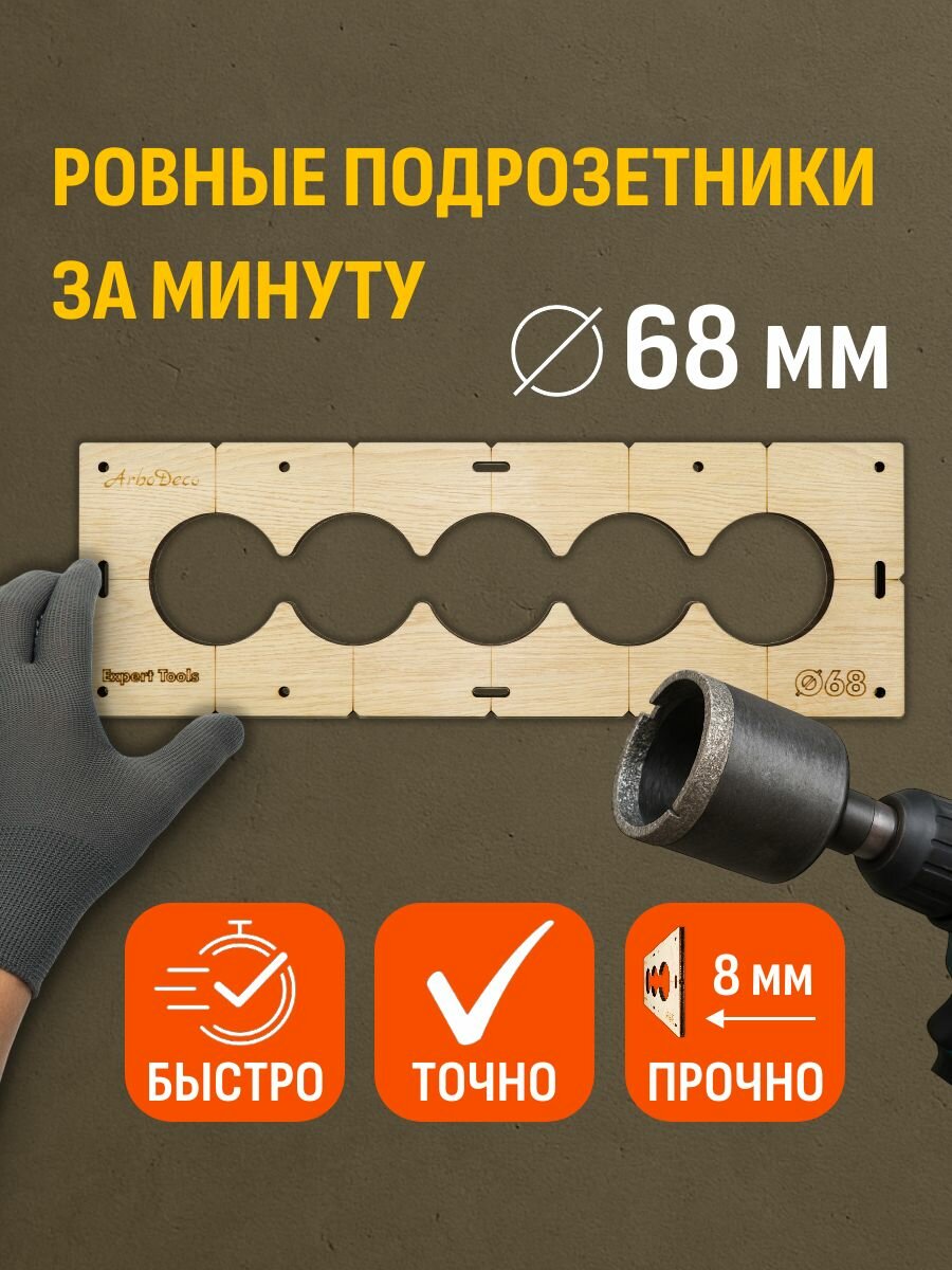 Шаблон для подрозетников 68 мм на 5 отверстий, кондуктор, толщина 8мм, ArboDeco