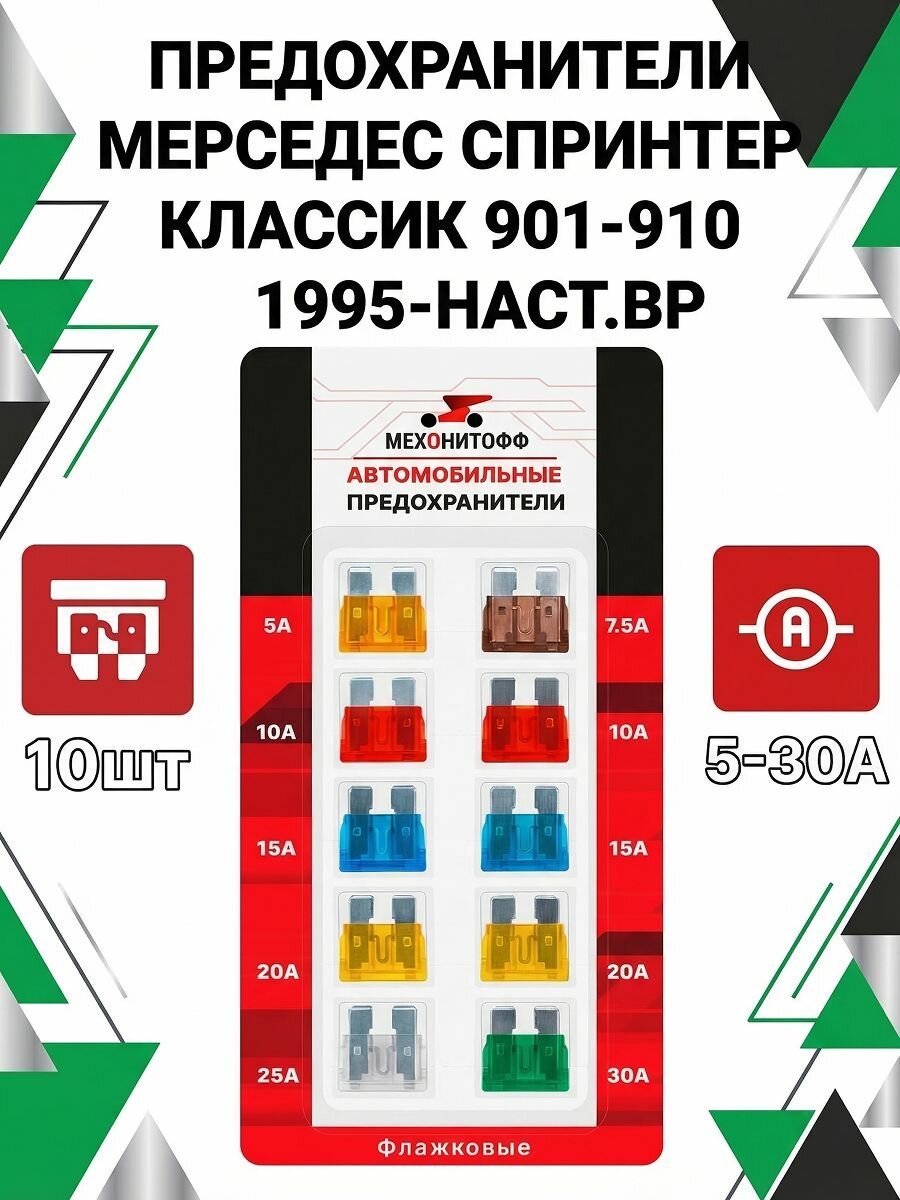 Предохранители Мерседес Спринтер Классик 901-910 с 1995-наст. вр Стандарт 10 шт / Mercedes-Benz Sprinter