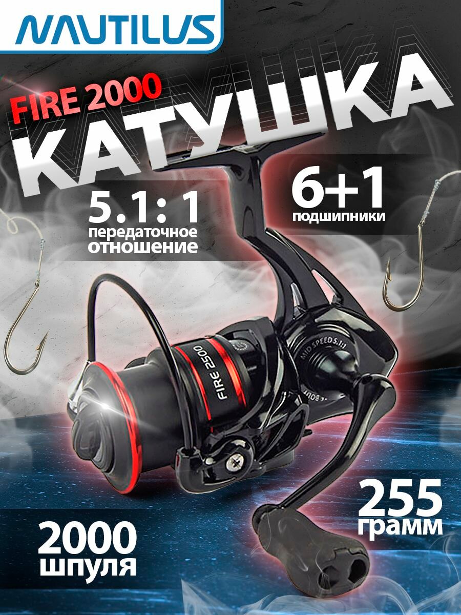 Катушка для спиннинга, безынерционная, ультралайт NAUTILUS Fire 2000. Рыболовная матчевая спиннинговая катушка для джига микроджига и твичинга, ловли щуки окуня судака форели.