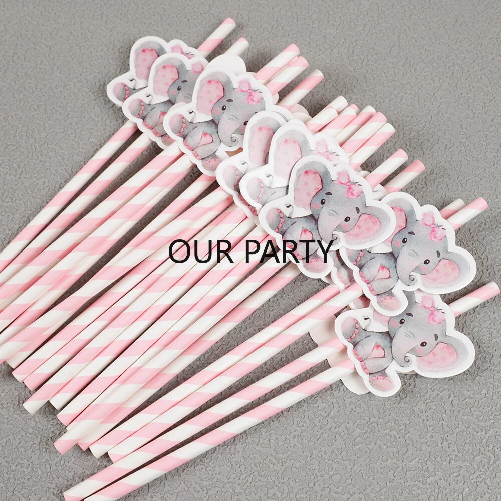 Бумажные соломинки с рисунком слона 20 шт. Розовый, 20pcs Pink