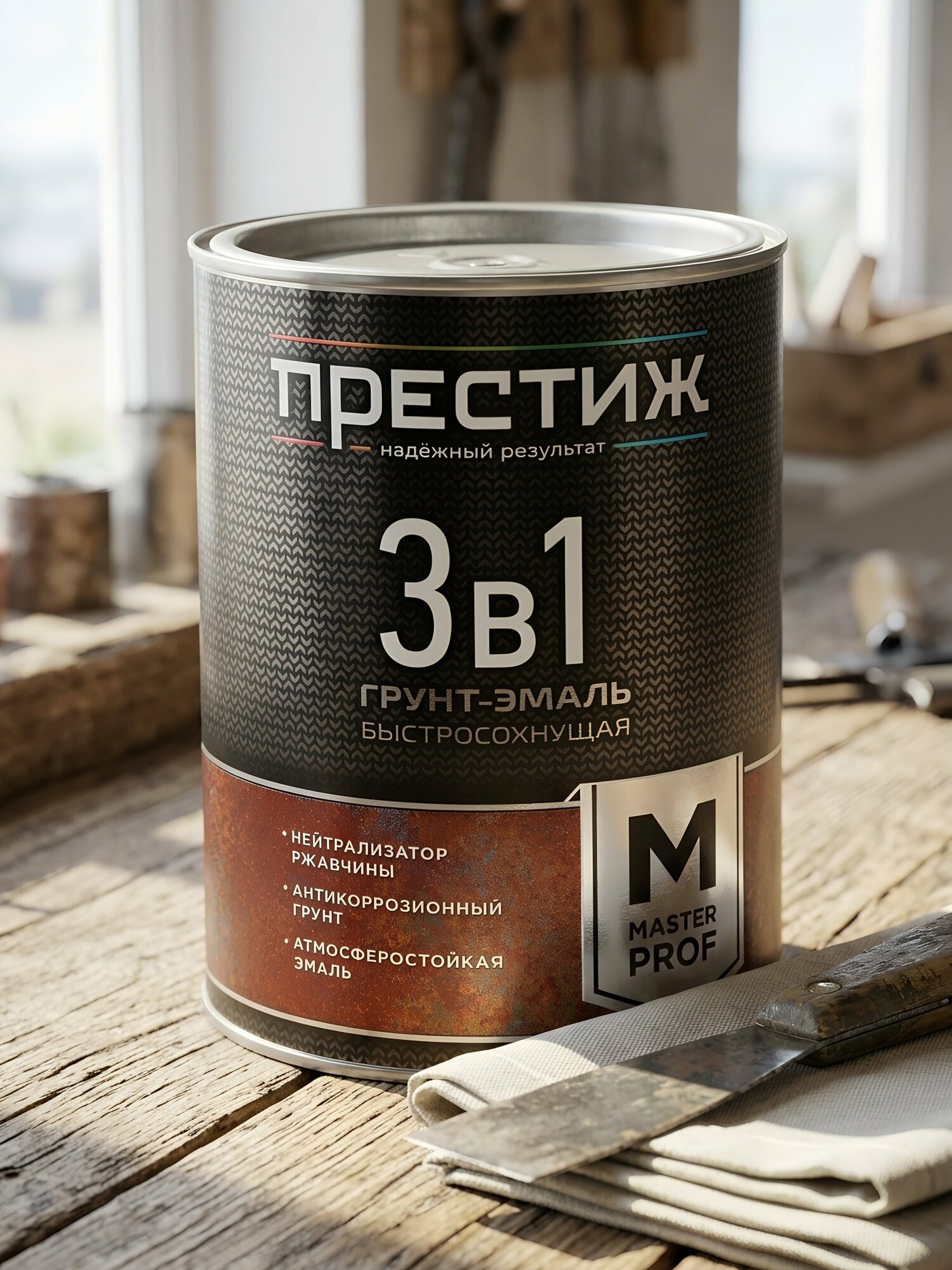 Грунт-эмаль Престиж, Мастер, по ржавчине, быстросохнущая, смоляная, коричневая, 0.9 кг
