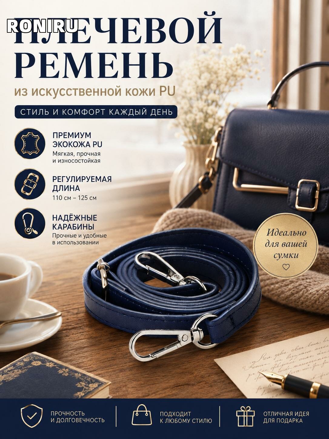 Плечевой ремень для сумки из искусственной кожи PU, регулируемая длина 110 см-125 см, ширина 1,2 см