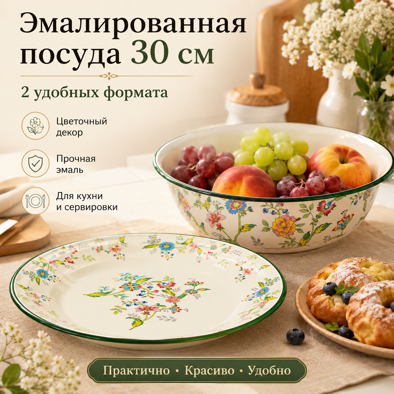 Блюдо Ляган, 2 шт, Эмаль Особо толстая эмалированная миска и тарелка для дома диаметр 30 см