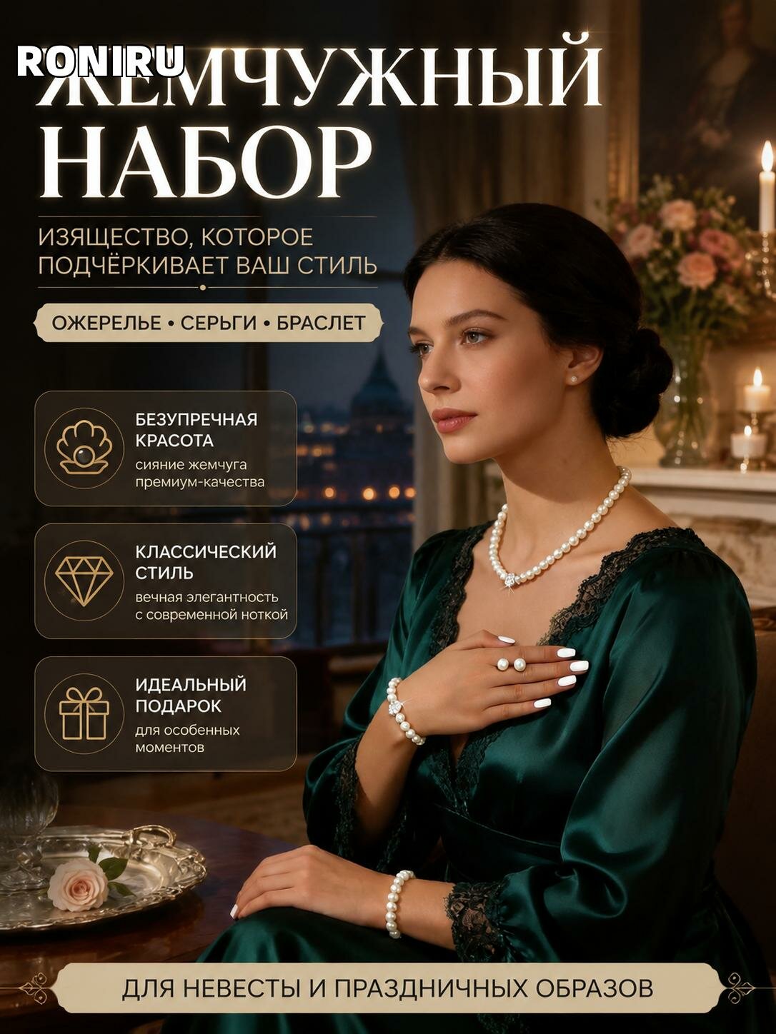 Жемчужный набор: ожерелье, серьги и браслет для невесты и праздничных образов, белый оттенок и классический стиль с современной ноткой