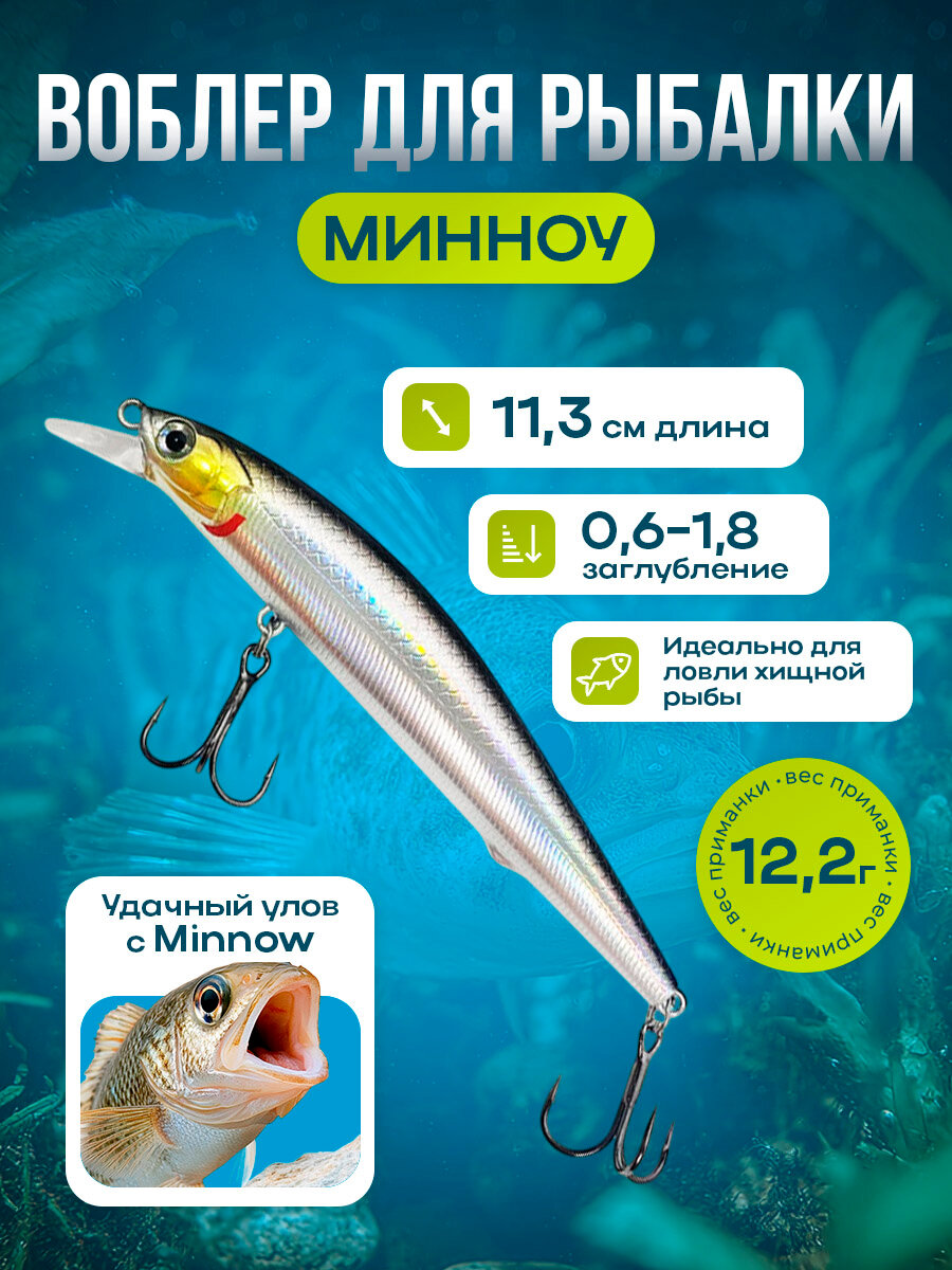 Воблер для рыбалки Minnow, 11.3 см/12.2 г, черно-серебристая