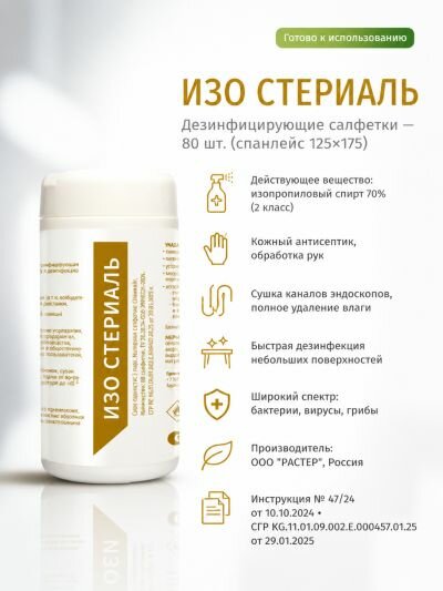 1 шт. Салфетки дезинфицирующие изо Стериаль (80 шт.) (Спанлейс 125*175)