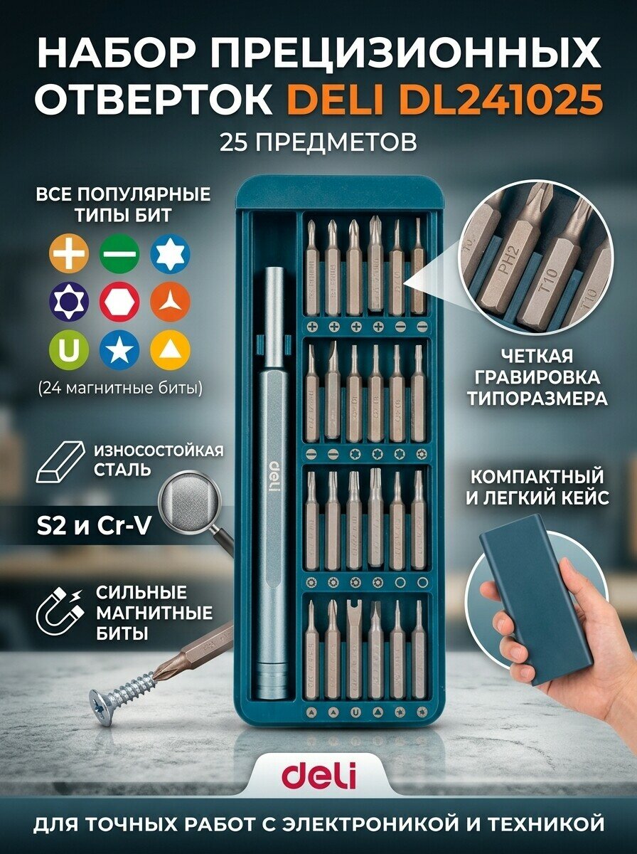 Набор прецизионных отверток Deli DL241025 24 биты, сталь S2 + Cr-V, пластиковый кейс