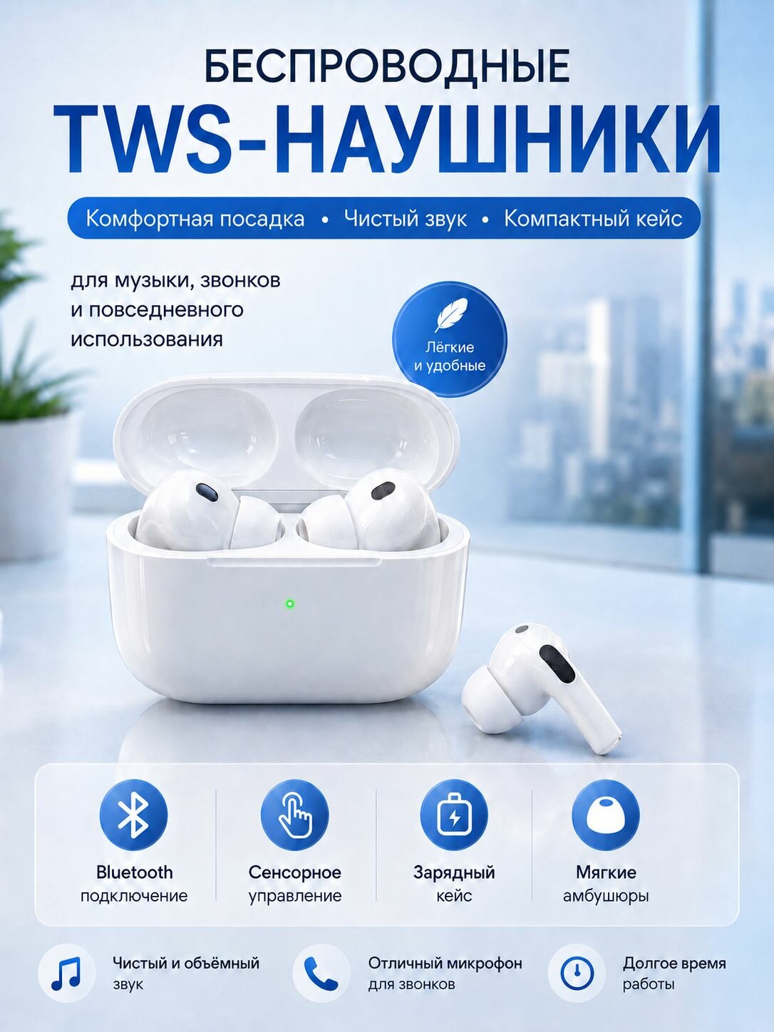 Наушники беспроводные с микрофоном наушники беспроводные для телефона, Bluetooth, белый