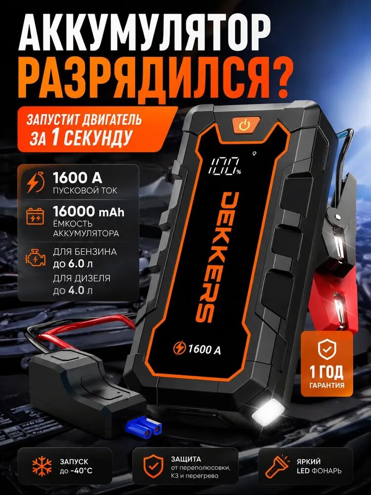 Портативное пусковое устройство для автомобиля 1600 А, 16000 мАч / бустер автомобильный пусковой Dekkers