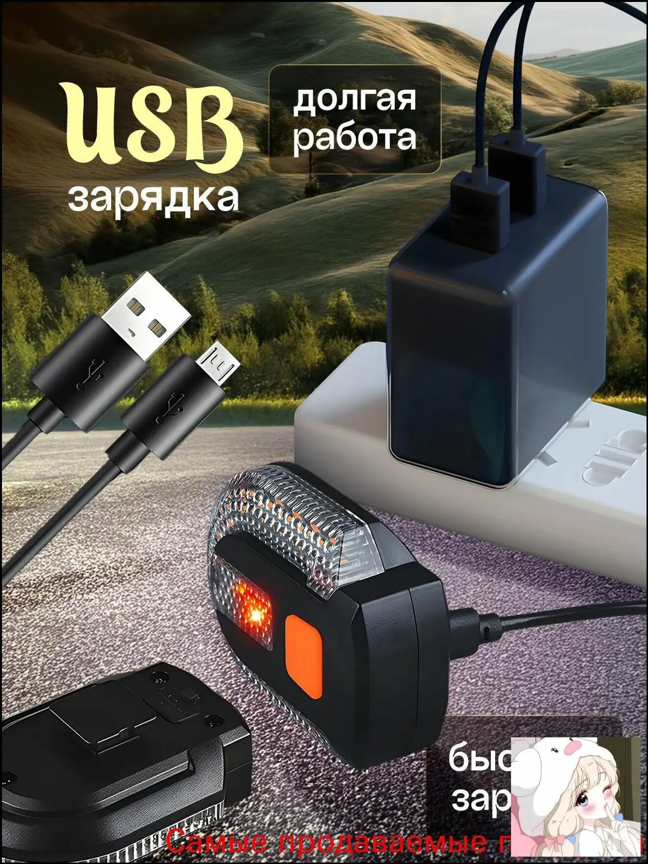 Велосипедный фонарь передний с аккумулятором, 5 режимов, IP44, дальность 30м, работа при -10°C, черный — фото 1