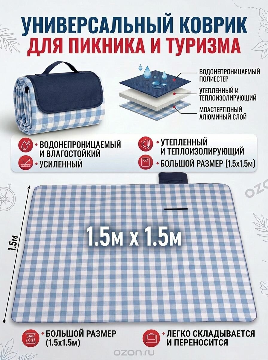 Коврик для пикника, водоотталкивающий, с ручкой, теплоизолированный, 1.5х1.5 м