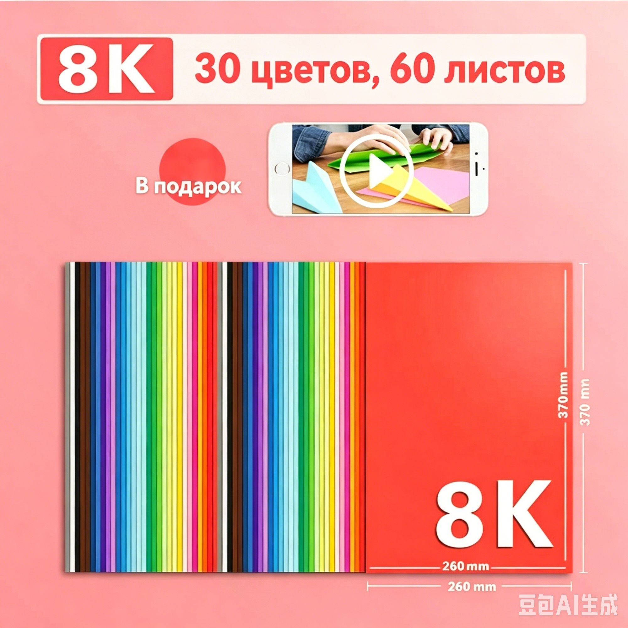 Цветной картон Marie's "Макарон" 8K, древесная масса, 30 цветов, 53x37 см, 60 листов