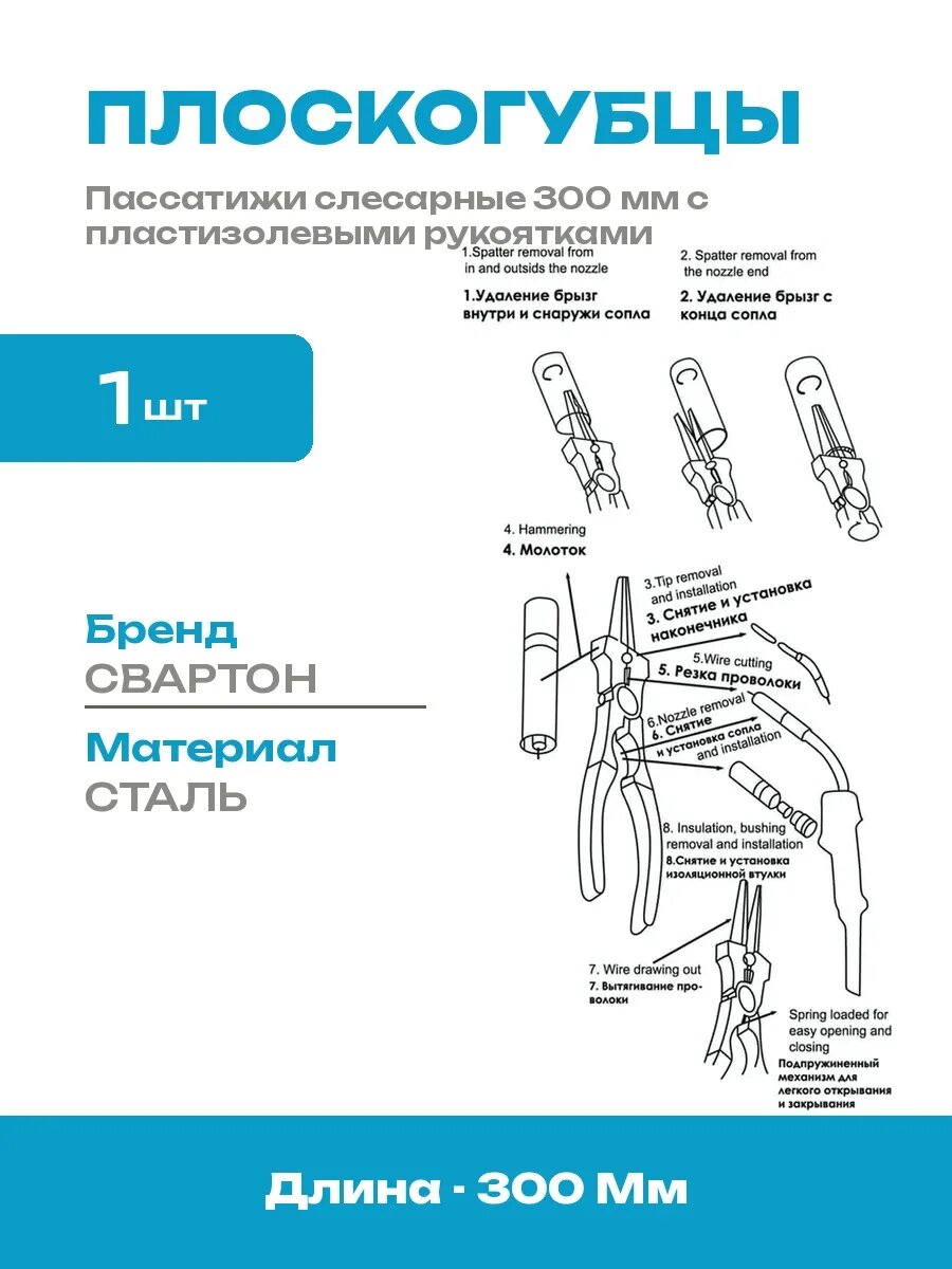 Плоскогубцы 300 мм с пружиной стальные для слесарных работ