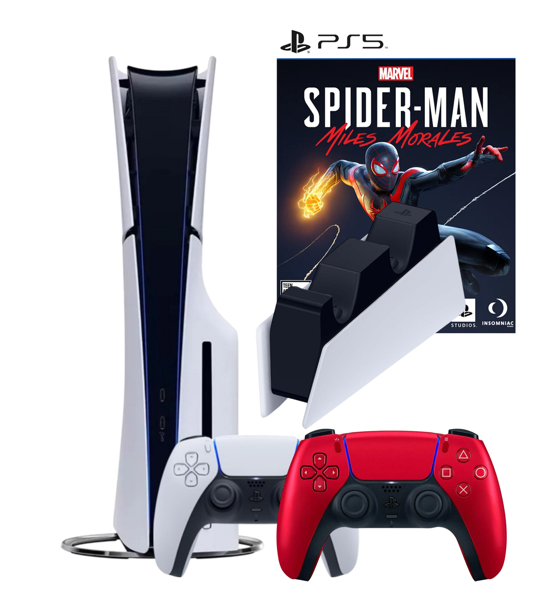 Игровая приставка PlayStation 5 Slim + 2й геймпад вулканический красный + игра Spider Man Morales + зарядная станция