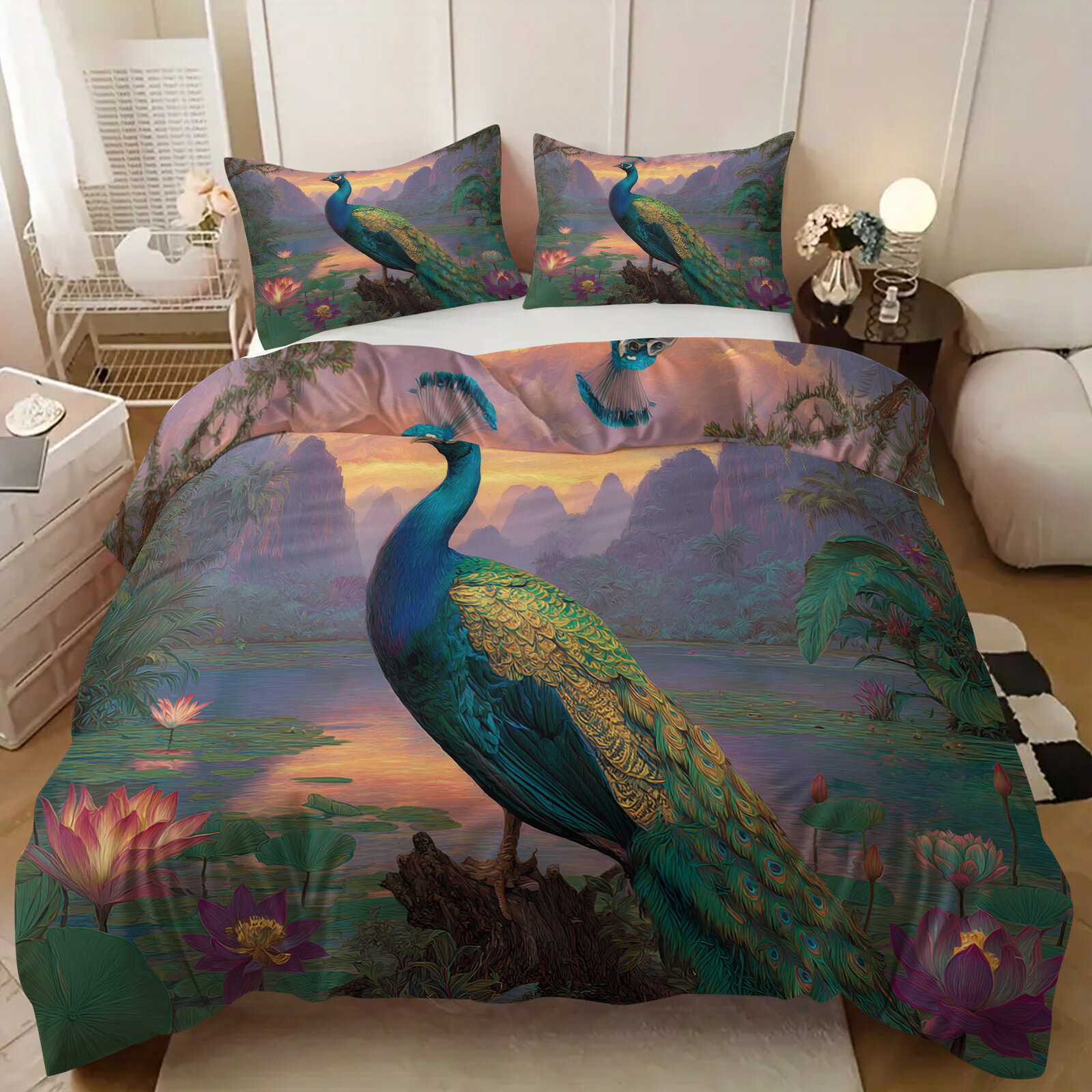 Постельное белье 2-спальное, евро простынь 200x220cm,2 наволочки 70х70, Зелёный Павлин полисатин спальный комплект