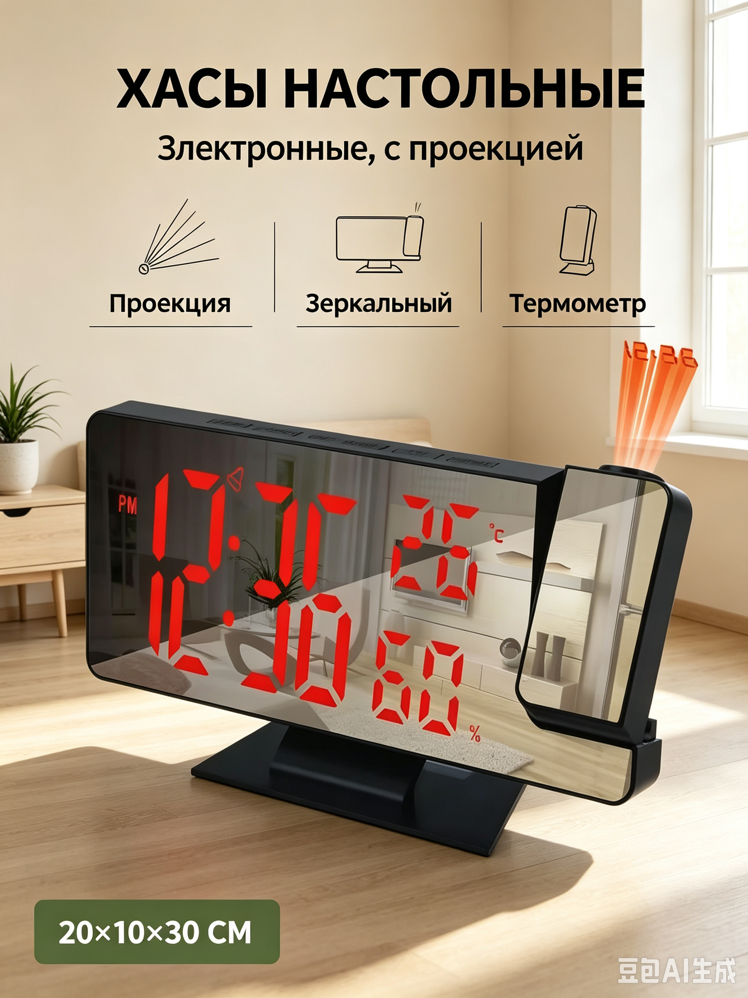 Часы настольные электронные с проекцией на потолок, зеркальный дисплей, термометр, будильник, 1 шт