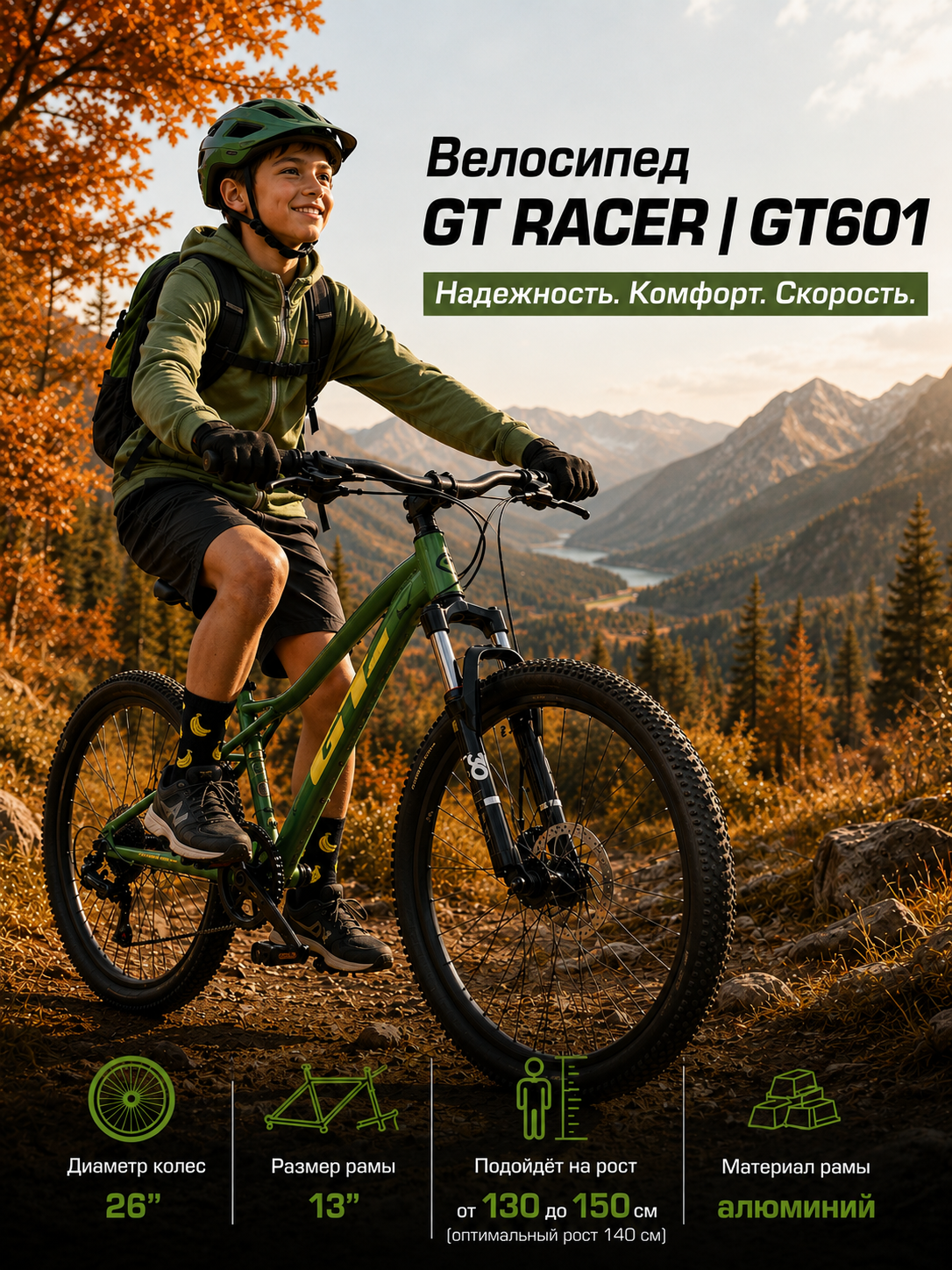 Подростковый горный велосипед BREND GT RACER ORIGINAL GT601, диаметр колес 26", рама алюминий, зеленый