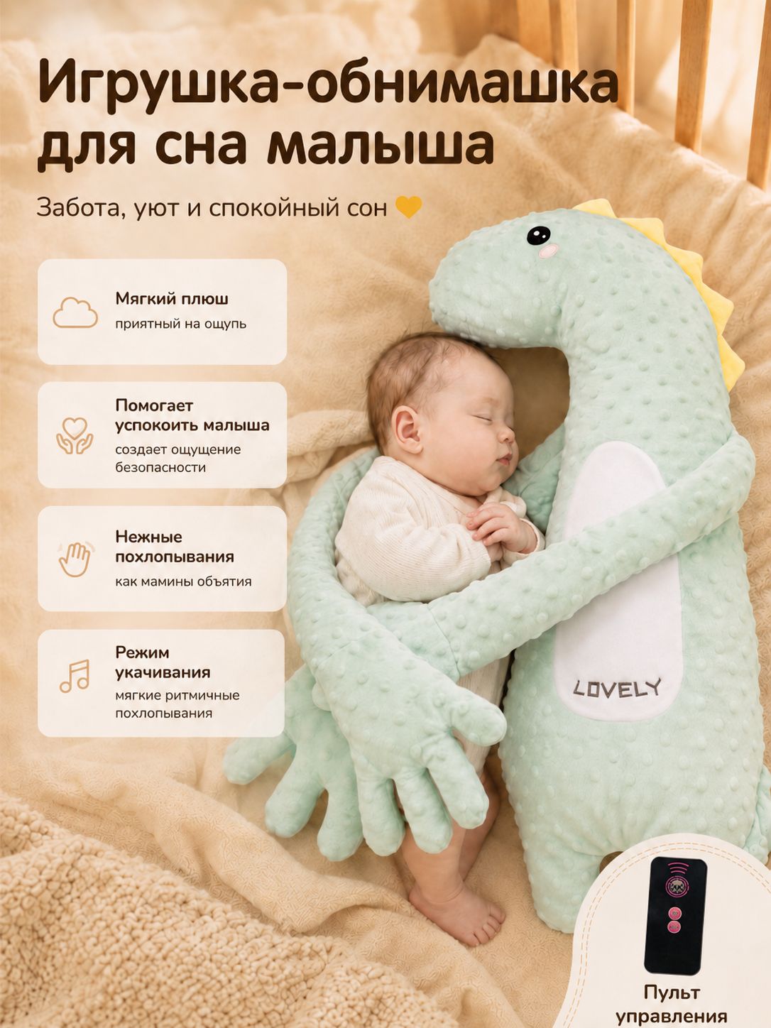 Игрушка-обнимашка для сна малыша с пультом, мягкий плюш Minky, нежные похлопывания, вкладыш с красной фасолью,65*25*16cm