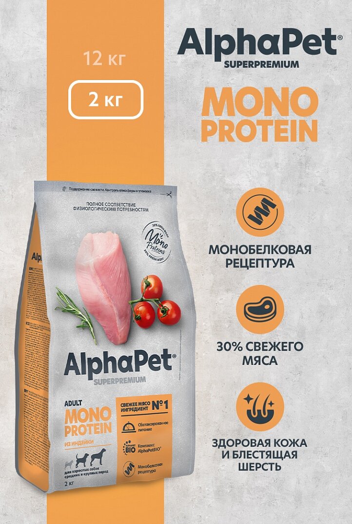 Сухой полнорационный корм MONOPROTEIN из индейки для взрослых собак средних и крупных пород AlphaPet Superpremium 2 кг