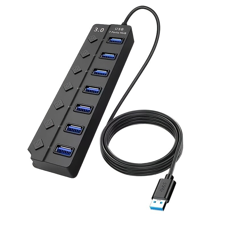 Внешний концентратор USB 3.0 на 7 портов с индивидуальными переключателями и картридером для SD и карт памяти, длина 59,06 дюйма