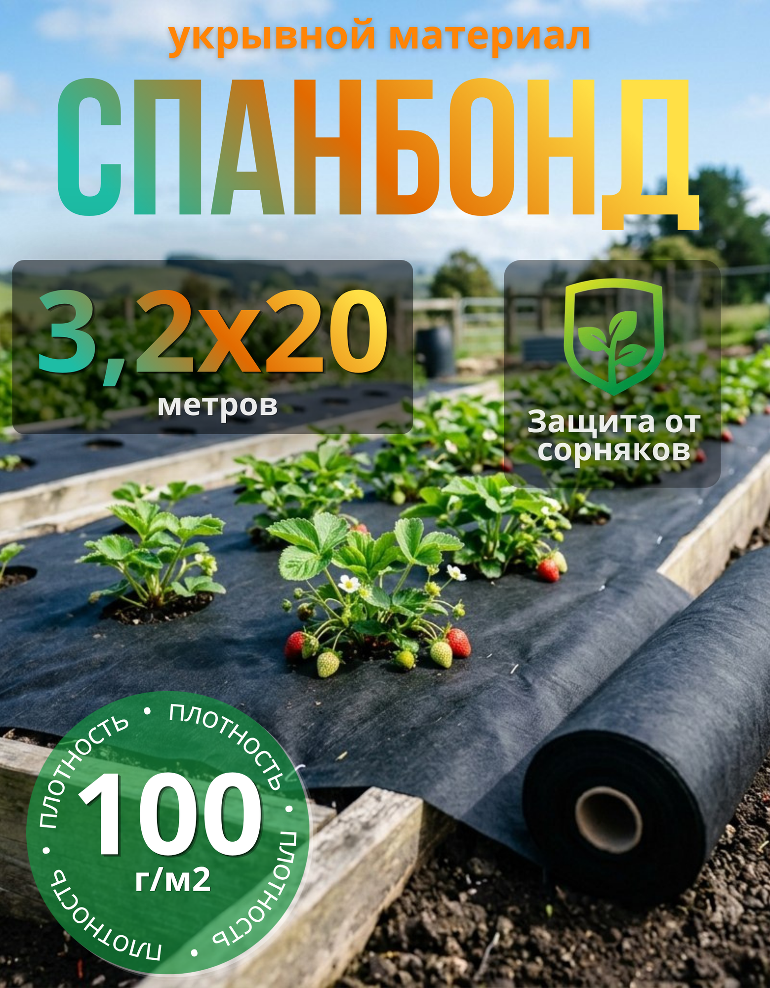 Спанбонд укрывной материал для растений плотность 100г/м2, размер 3,2х20м, черный