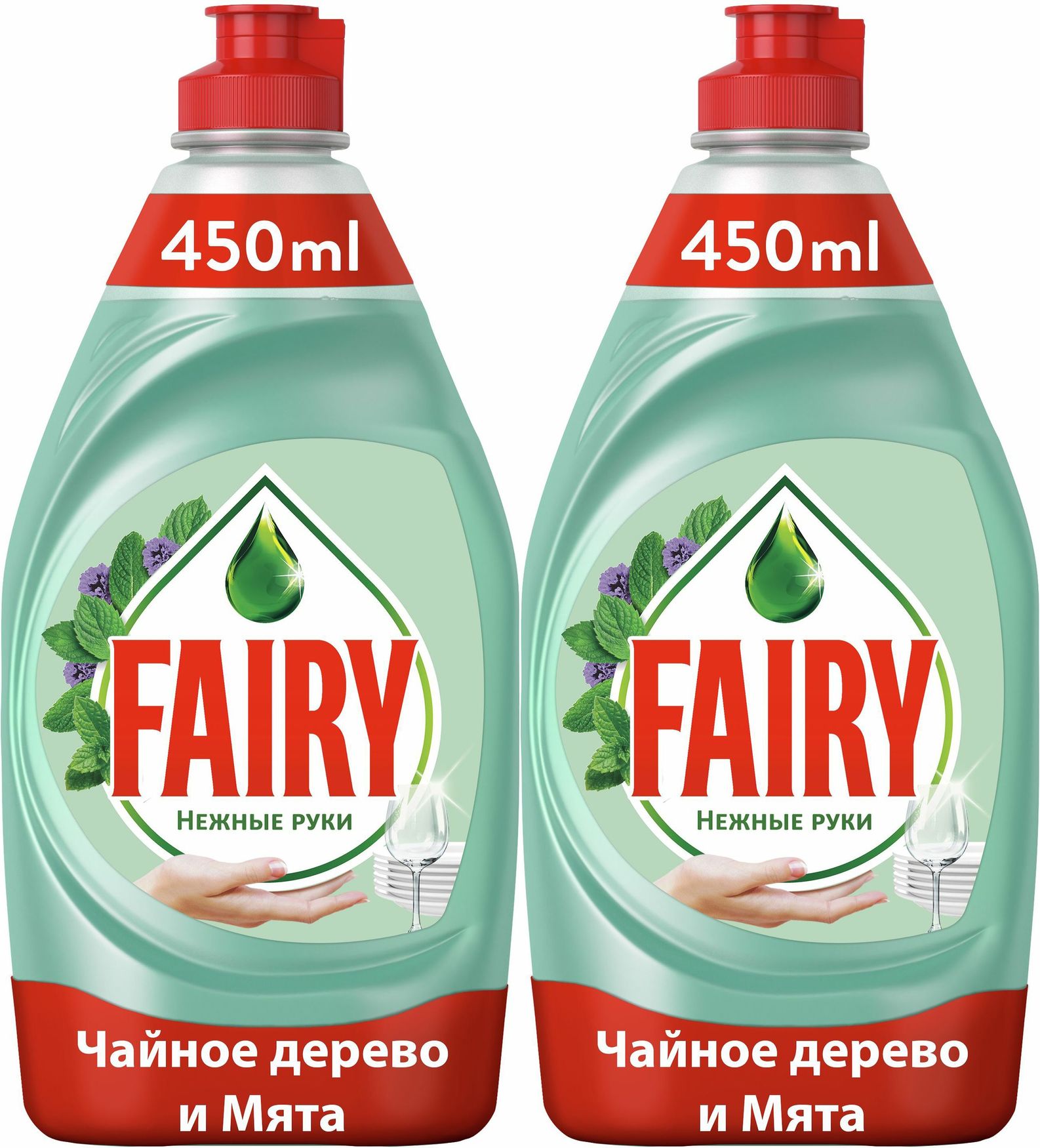 Жидкость Fairy Нежные руки Чайное дерево и мята для мытья посуды, комплект: 2 упаковки по 450 мл